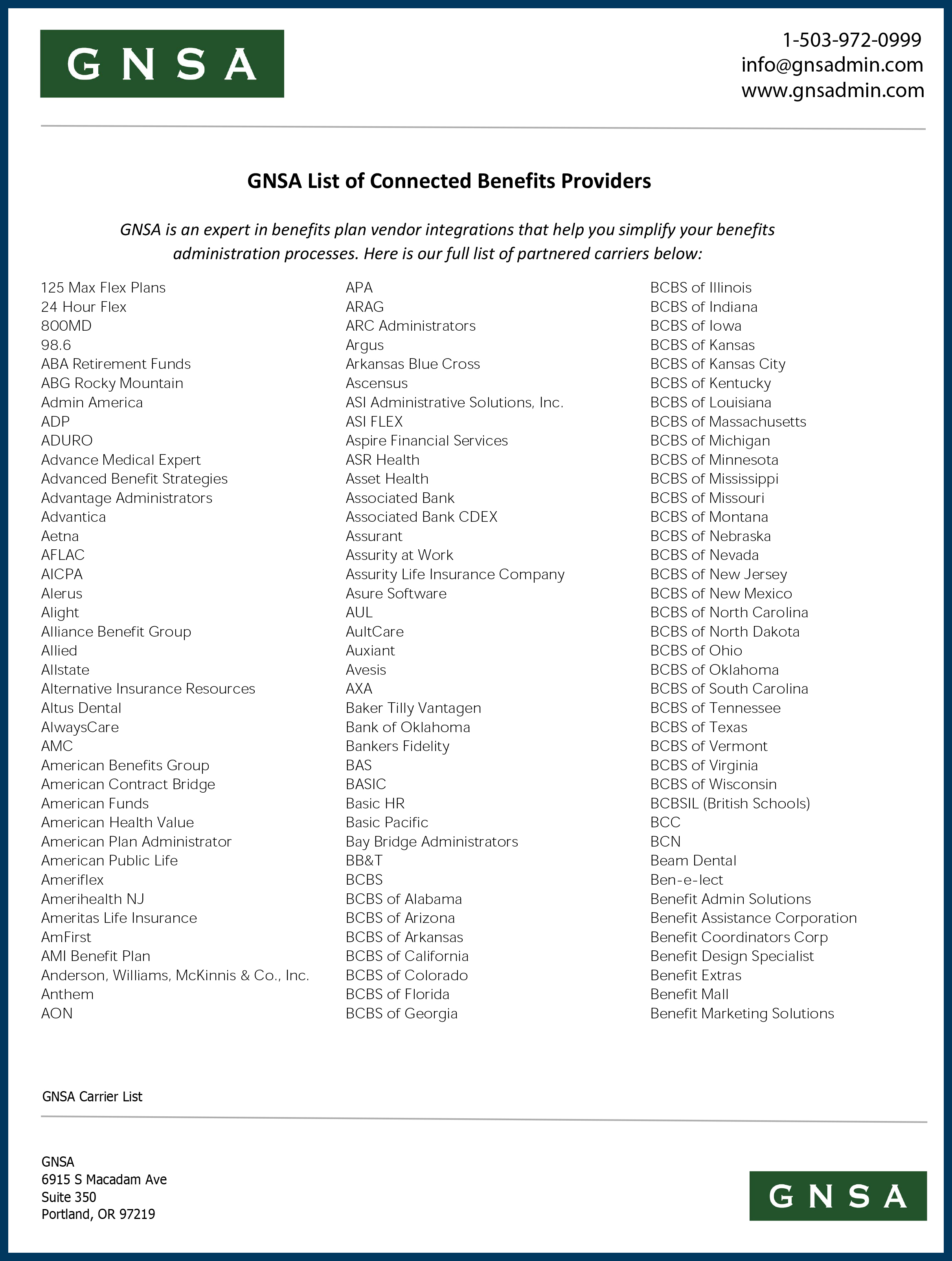 Carrier Connection List | Great Northern Staff Administrators